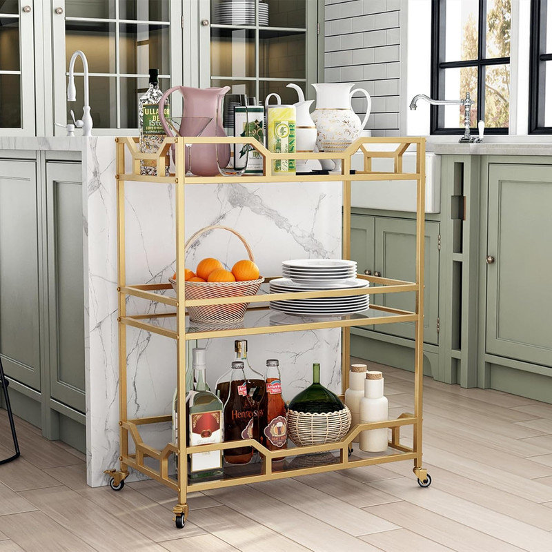 Hokku Designs 3-Tier Square Gold Bar Cart with Glass Shelves - Rolling Home Serving Cart on ...